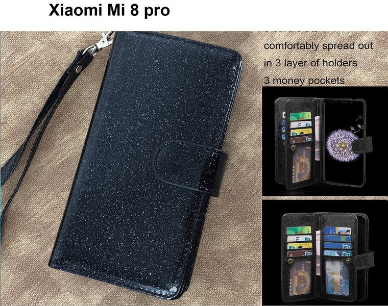 Xiaomi Mi 8 pro case bling triple wallet PU leather 9 cards ID 3 ...