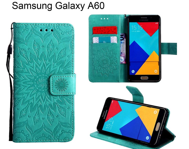 Samsung galaxy A60 case leather wallet embossed sunflower pattern grn ...