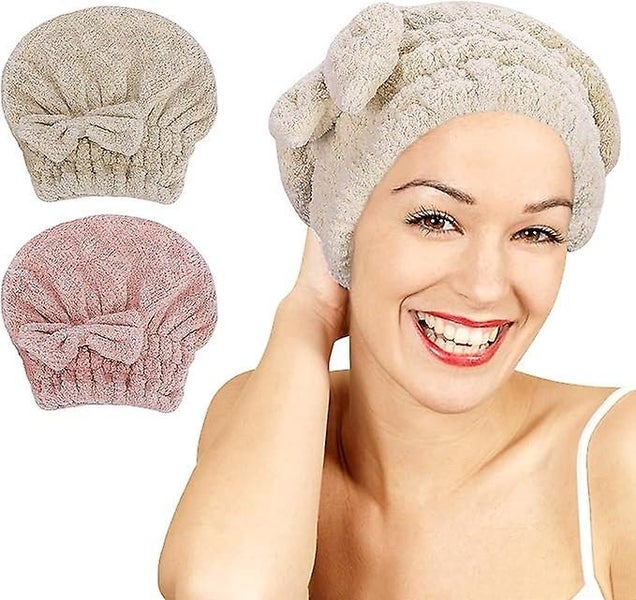 2-piece Set Of Bow Hat Dry Hair Towels pink And Brown Super Absorbent ...