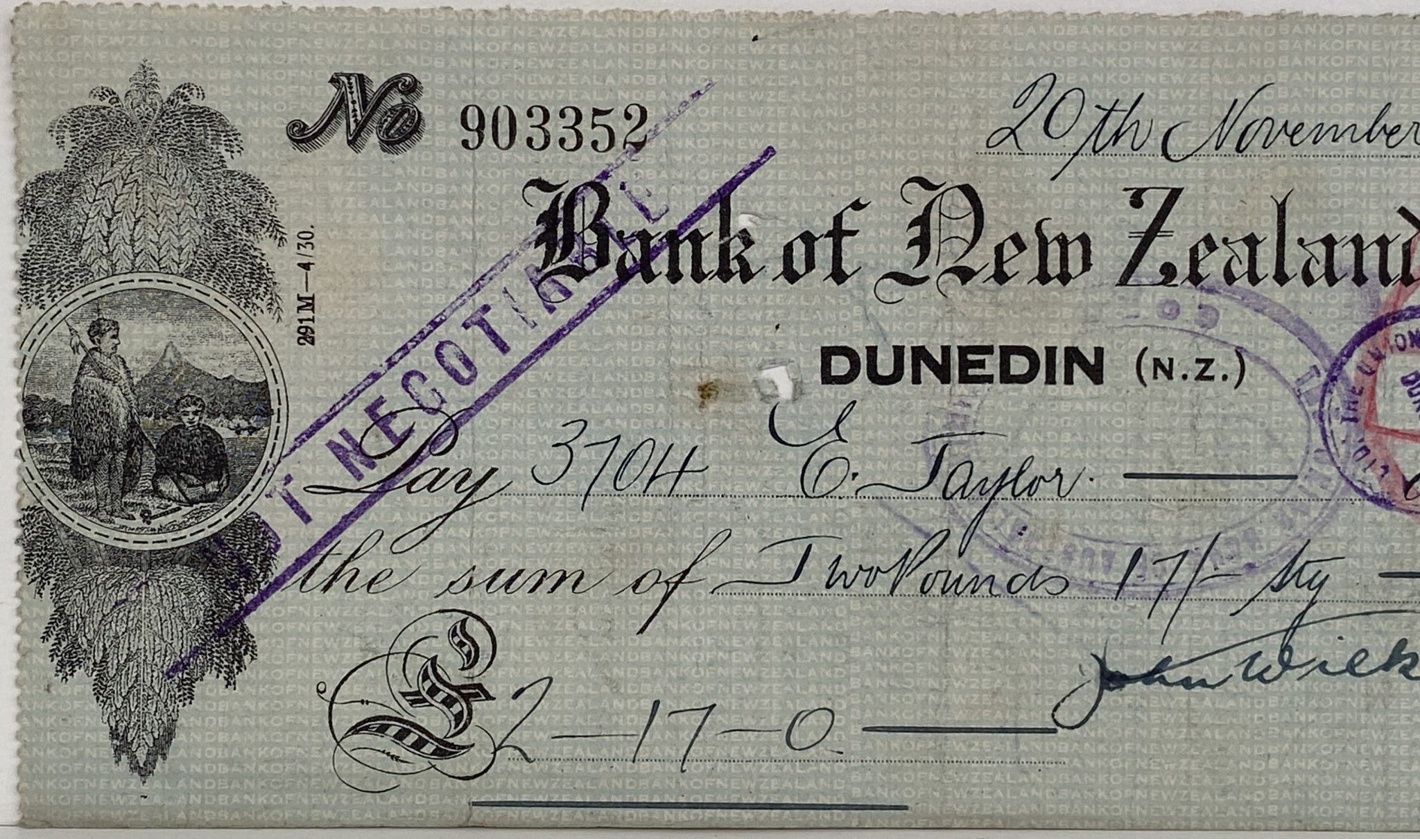 OLD BANKING MEMORABILIA: Bank cheque issued by BNZ Bank, Dunedin 1930 ...