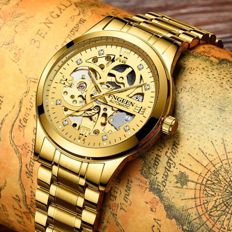 Gold Automatic Watch Men Stainless Steel Strap Skeleton Mechanical ...