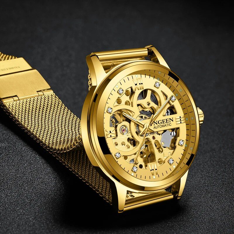 Gold Automatic Watch Men Stainless Steel Strap Skeleton Mechanical ...