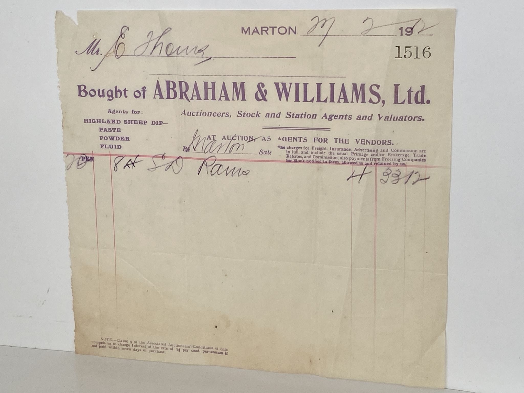 ANTIQUE INVOICE: Abraham & Williams Ltd - Auctioneers & Valuers 1911 ...