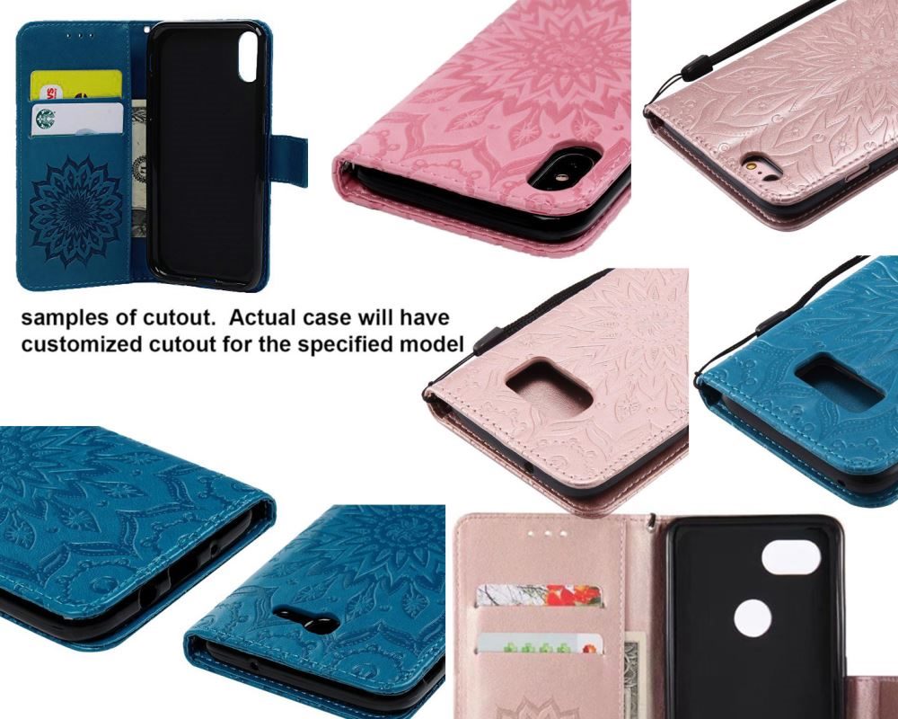 Samsung galaxy A60 case leather wallet embossed sunflower pattern grn ...